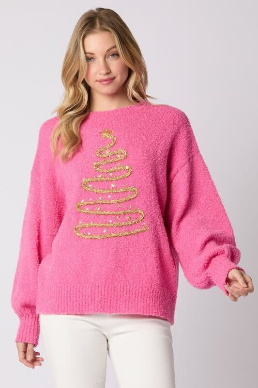 pink sweater with gold christmas tree detail – nellamoon candles